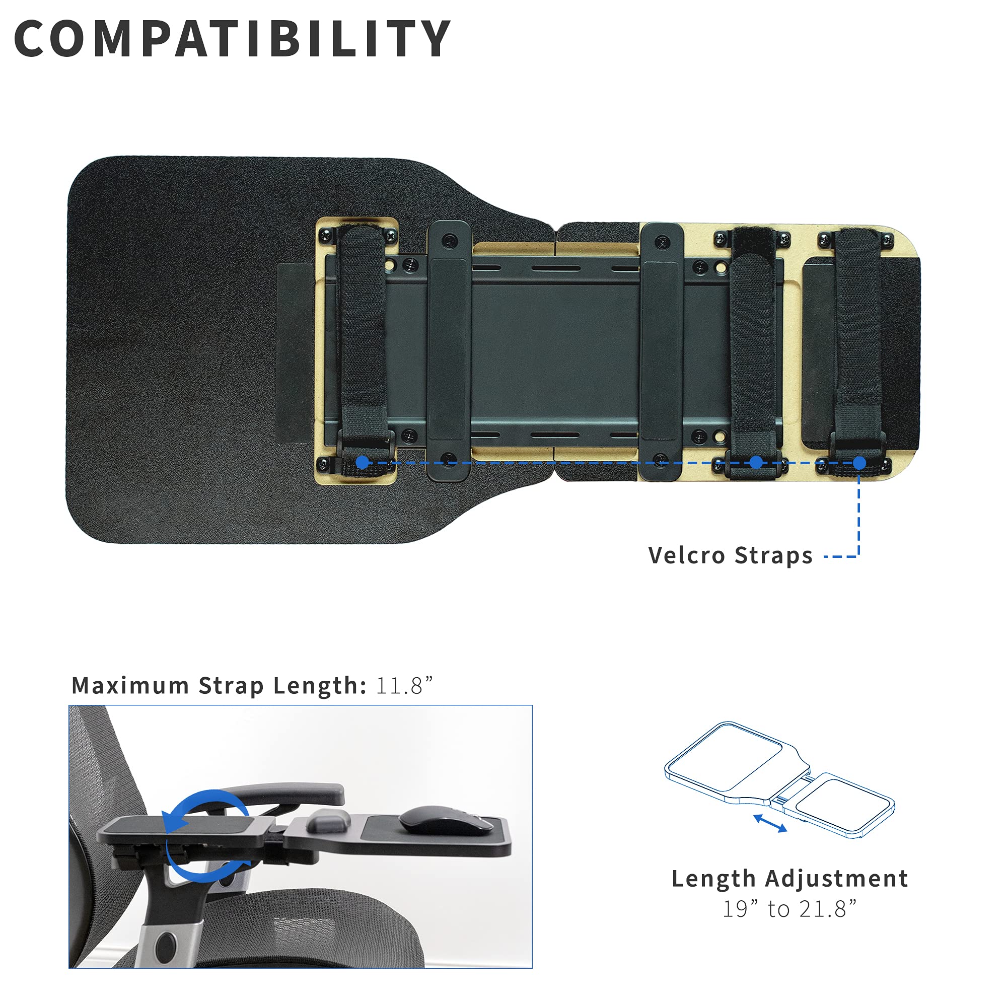 VIVO Wood Arm Rest Mouse Pad with Wrist Cushion, Adjustable Length Support Platform Tray, Chair Attachment Extension with Straps, Black, MOUNT-MS02D