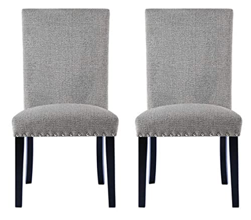Cui Liu Owen Upholstered Dining Chair β Armless Dining Chair in Grey Linen with Black Wooden Leg and Shiny Silver Nailhead (Set of 2)