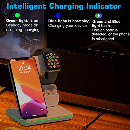 Charging Station for iPhone Multiple Devices, Foldable 3 in 1 Fast Charging Stand Dock for AirPods 3/2/1/Pro & iPhone 6-14 Series, Apple Watch Charger for Apple Watch Series with Adapter