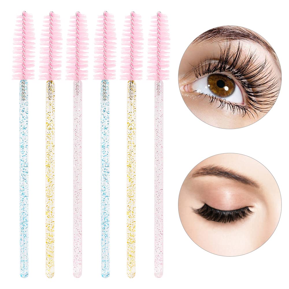 300 Pack Glitter Mascara Wands Disposable EyeLash Spoolie Brushes Makeup Applicator Eyelash Extension Tool Kit (3 colors mix)