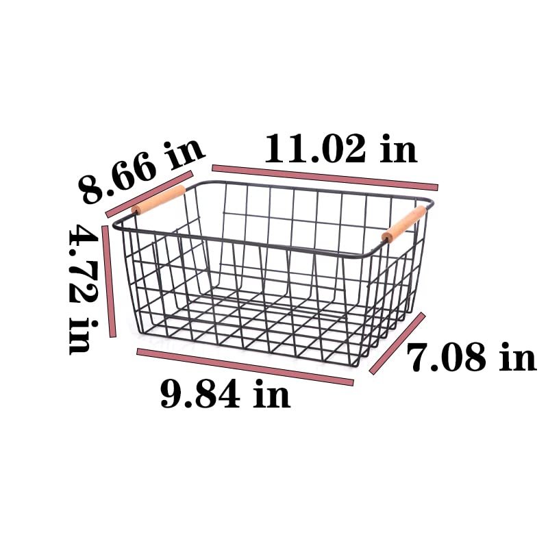 LeleCAT Wire Baskets with Wooden Handles, Wire Storage Organizer Baskets , Household Refrigerator for Cabinets, Pantry, Closets, Bedrooms - Set of 4(Black