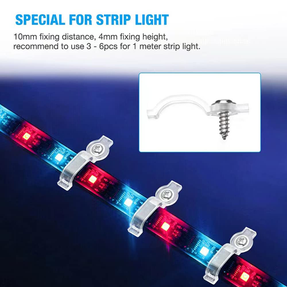 100 Pack Strip Light Mounting Bracket,Transparent Fixing Clips for 10mm Wide IP65 Waterproof 5050 LED Strip Light,One Side Fixing,100 Screws Included