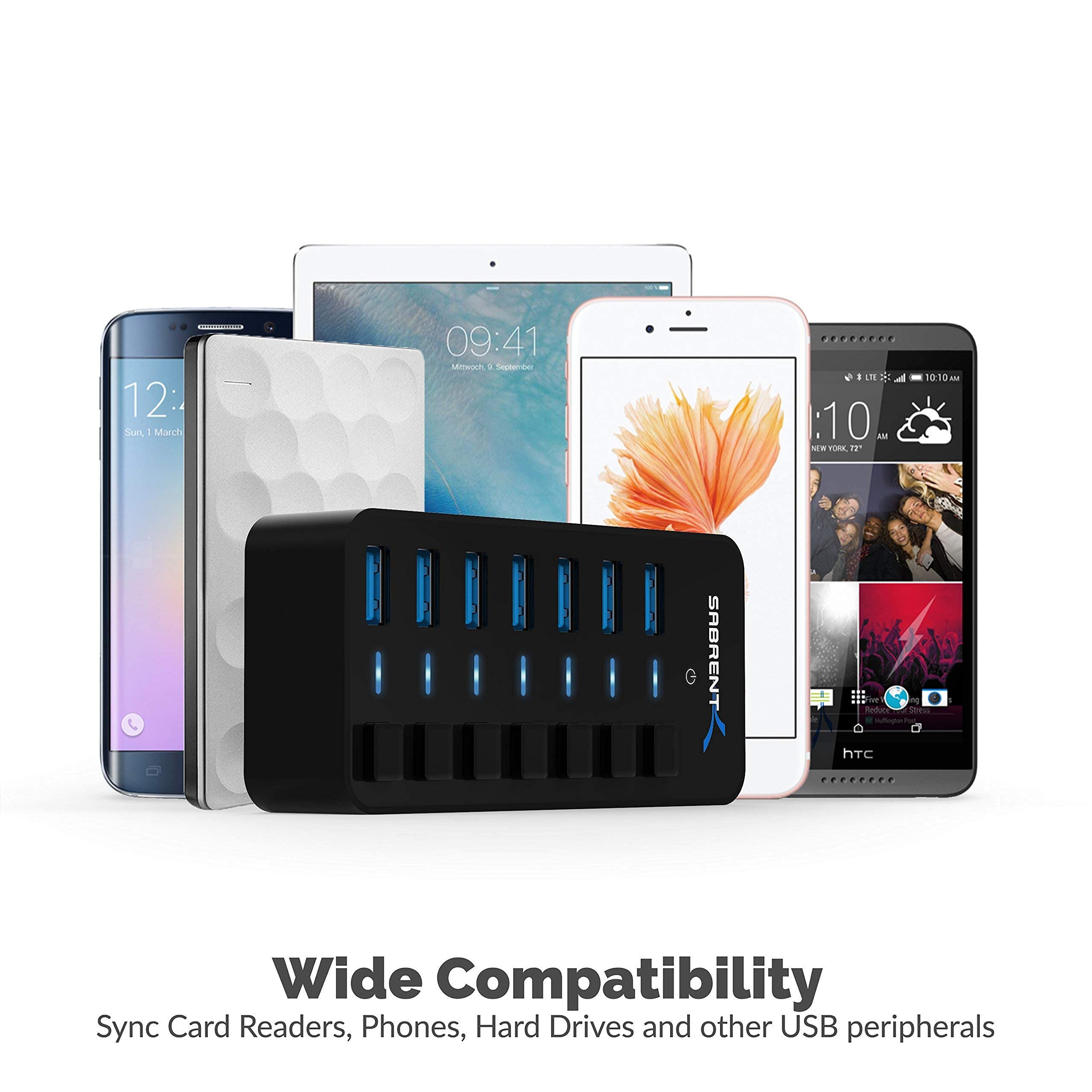 7 Port USB 3.0 Hub with Individual Power Switches and LEDs Includes 36W 12V/3A Power Adapter+USB 3.0 to SSD / 2.5 Inch SATA I/II/III Hard Drive Adapter
