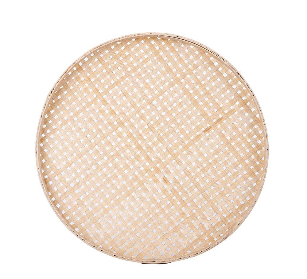 100% Handwoven Flat Wicker Round Fruit Basket Woven Food Storage Weaved Shallow Tray Organizer Holder Bowl Decorative Rack Display Kids DIY Drawing Board (Sqaure Hollow-Bamboo White, 50cm/19.7")