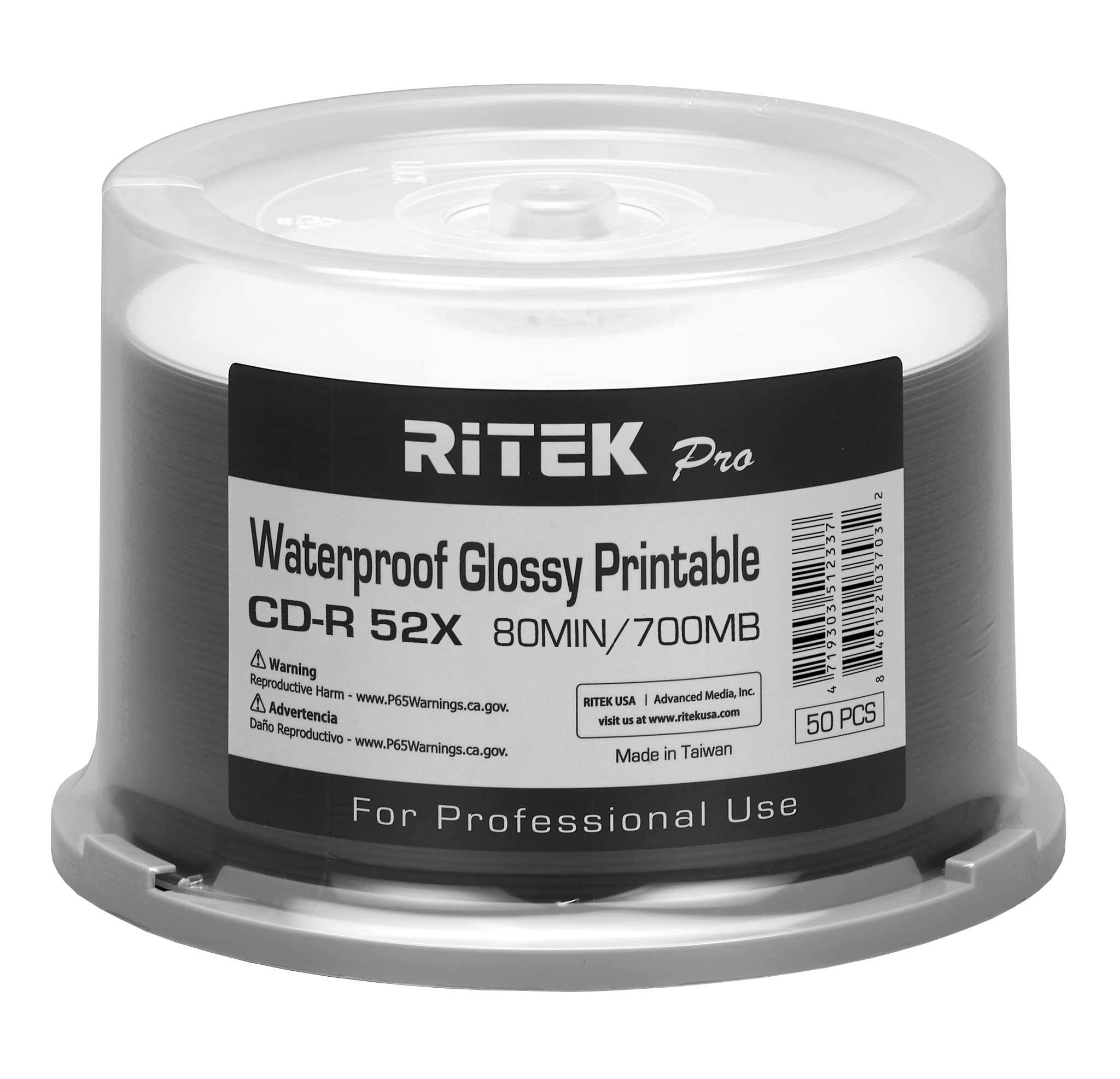 300 Pack Ritek Pro CD-R 52X 700MB 80Min Professional Grade Watershield Water Resistant Glossy White Inkjet Hub Printable Blank Recordable Disc