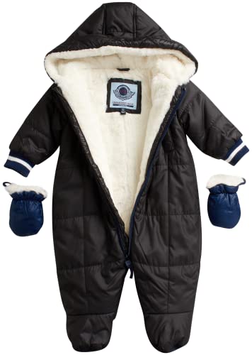 URBAN REPUBLIC Baby Boys' Pram Snowsuit - Quilted Fleece Lined Bodysuit - Outerwear Coveralls, Removable Mittens (3-9M), Size 9 Months, Black Sherpa Footed