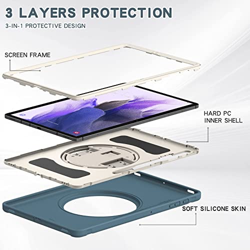 Junfire Galaxy Tab S8 Plus Protective Cover Case, Samsung Galaxy Tab S7 FE/S7 Plus 12.4" Shockproof Rugged Case with Hand Strap/Pencil Holder/Kickstand 2022/2020-Cronflower Blue