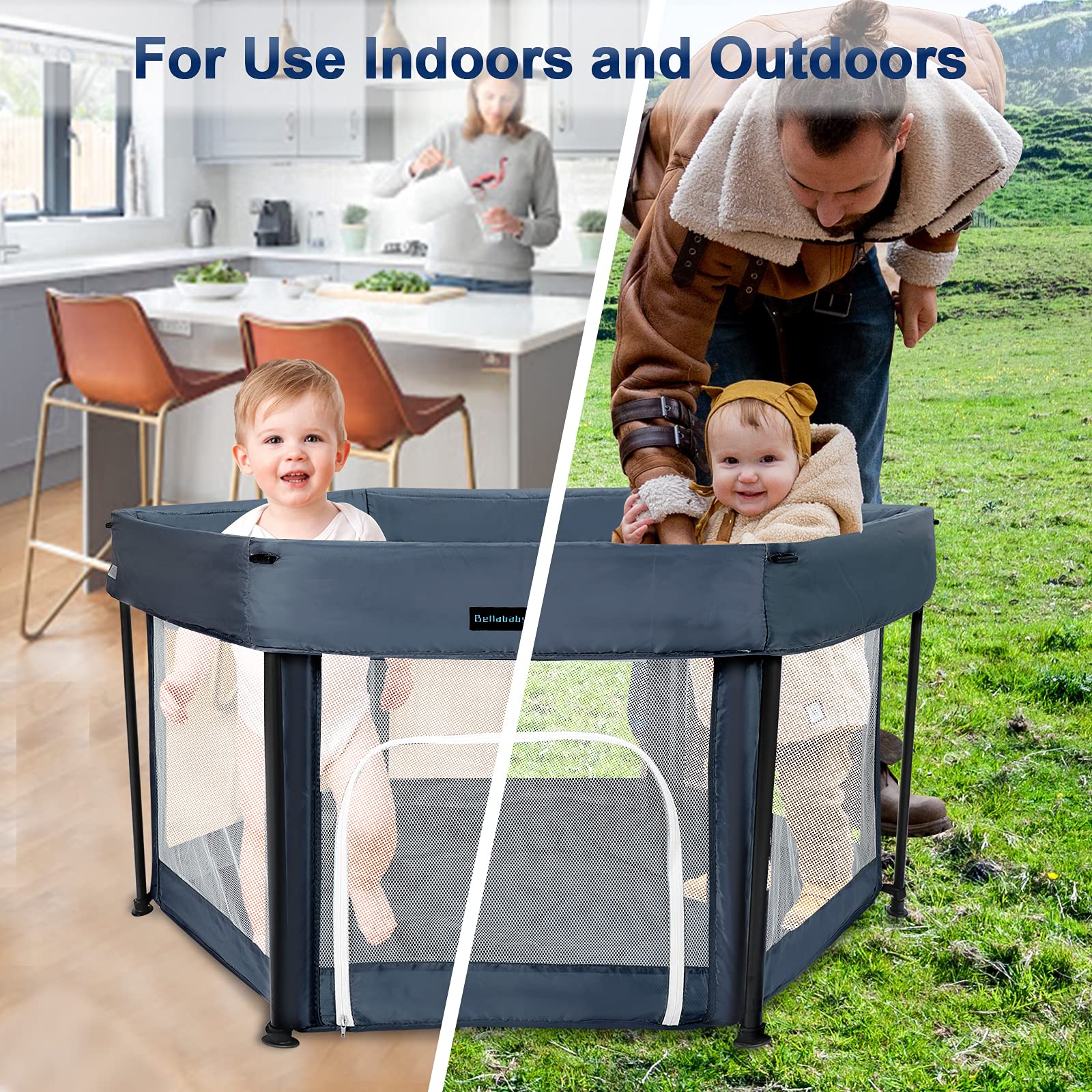 Baby Playpen, Bellababy Extra Large Playard, Kids Activity Centre, Portable with Soft Mattress & Storage Bag, Anti-Skid Pads, Lightweight, Indoor-Outdoor