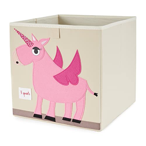 3 Sprouts Large 13 Inch Square Children's Foldable Fabric Storage Cube Organizer Box Toy Bin, Blue Cat, Pet Hedgehog, Pink Unicorn, and Yellow Rhino