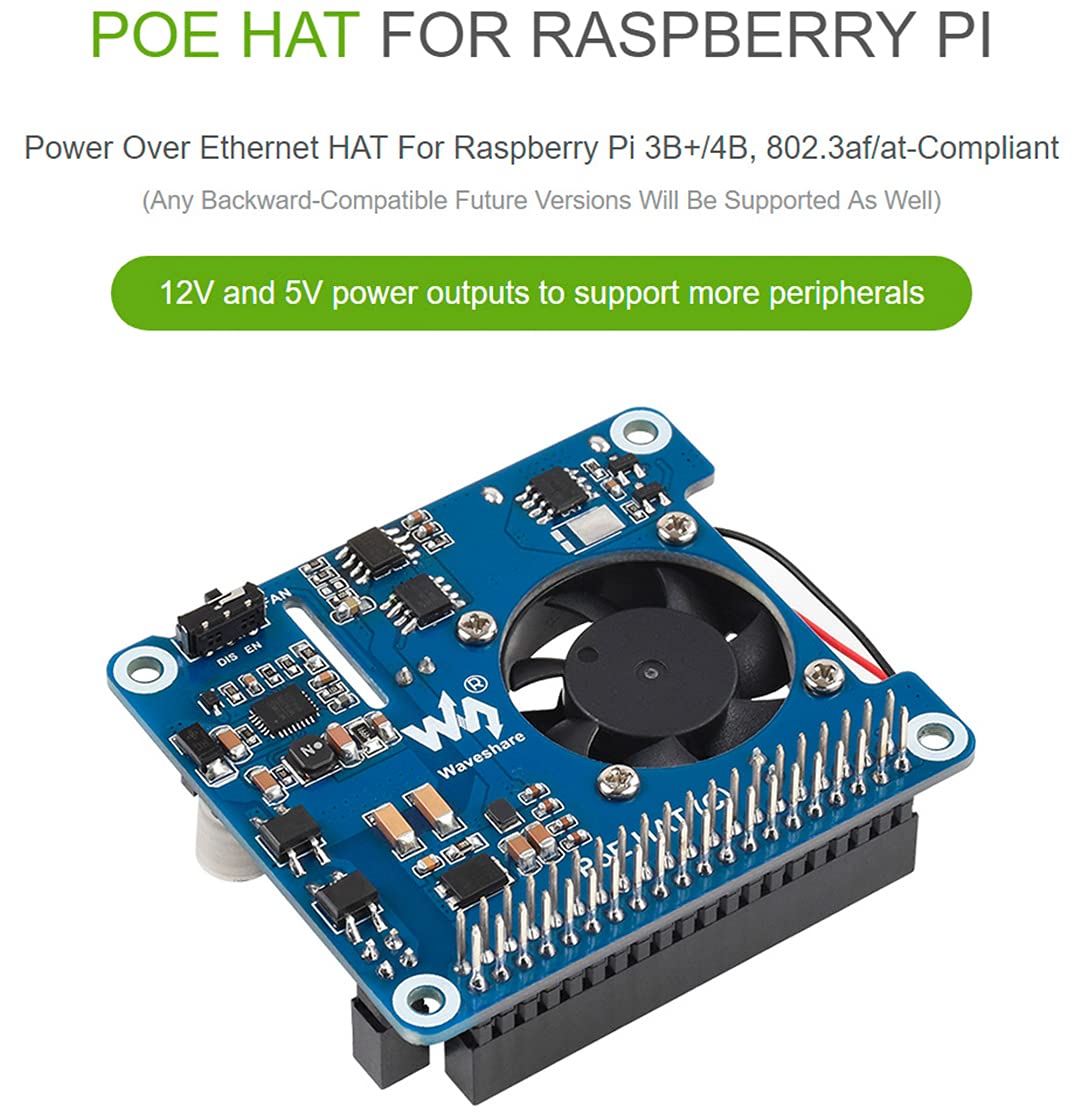 BFab Power Over Ethernet (C) for Raspberry Pi 4B/3B+, POE HAT Board with Cooling Fan,Support IEEE 802.3af/at-Compliant Network,5V USB-A and 12V Header Outputs to Use More Peripherals