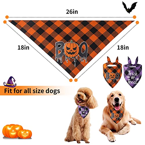 2 Pack Plaid Halloween Dog Bandanas, Washable Halloween Pumpkin Bat Printing Dog Bib Kerchief Scarf Adjustable Accessories for Small to Large Dog Puppy Cat