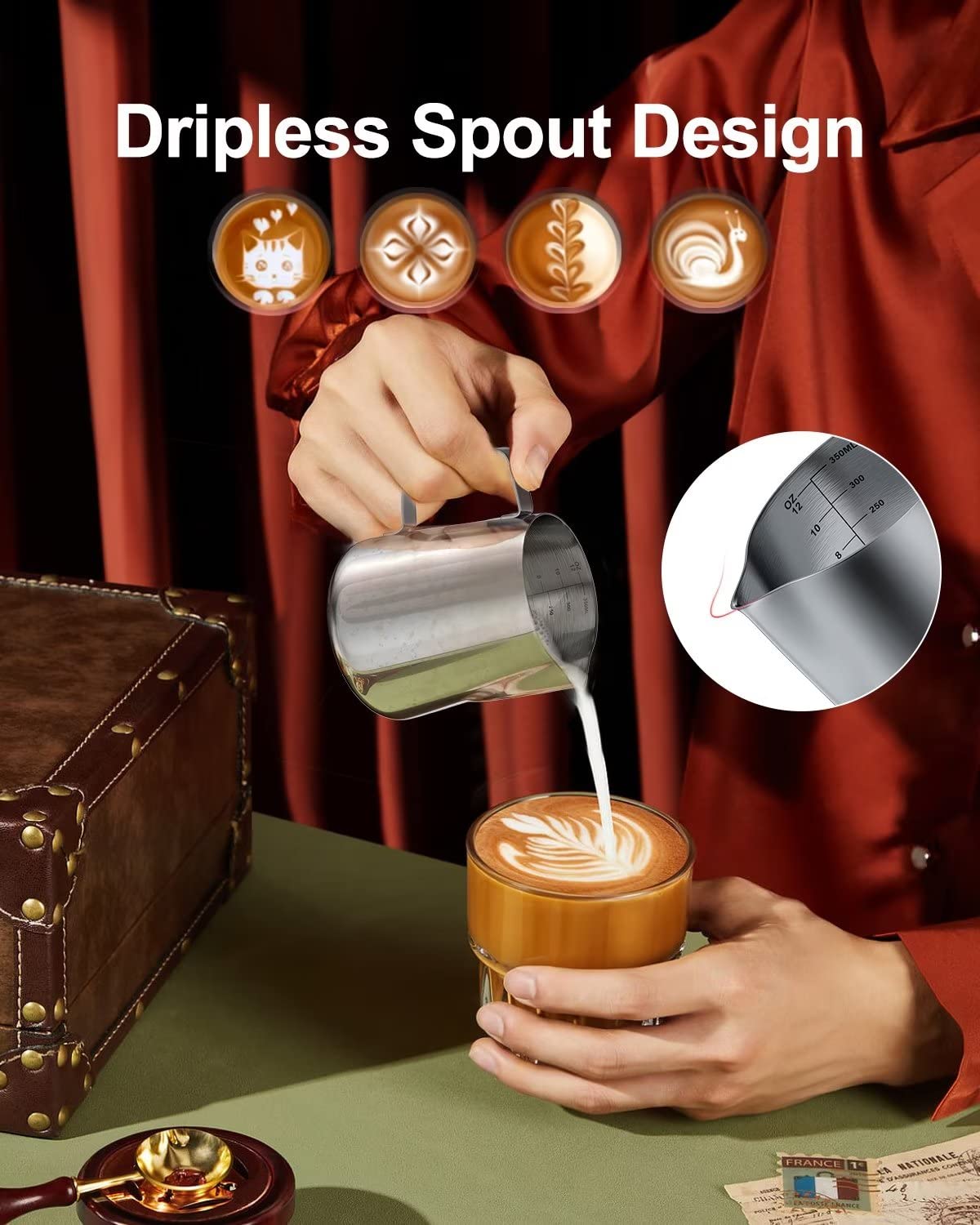 12 Ounces Stainless Steel Milk Frothing Pitcher, Measurements on Both Sides, Espresso Machine Accessories, Latte Art Cup with Insulated Handle, Creamer Pitcher for Single-Serve, No-drip or Spillage