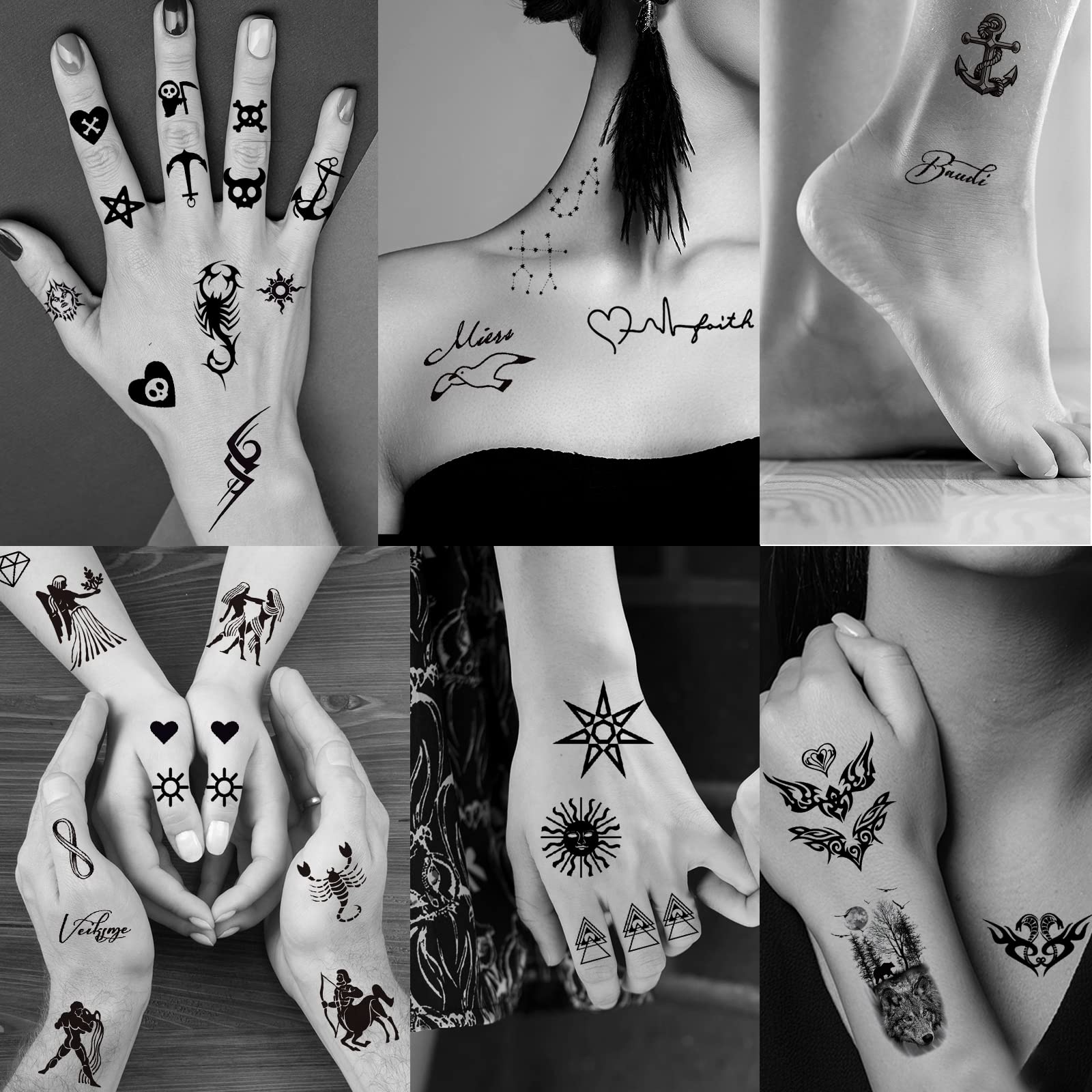 Hotoyannia 72 Sheets Halloween Tiny Temporary Tattoos Stickers, Fake Tattoos That Look Real And Last Long, Halloween Tattoos Include Black Scary Wolf Lion Tiger Skeleton Skull Tattoos