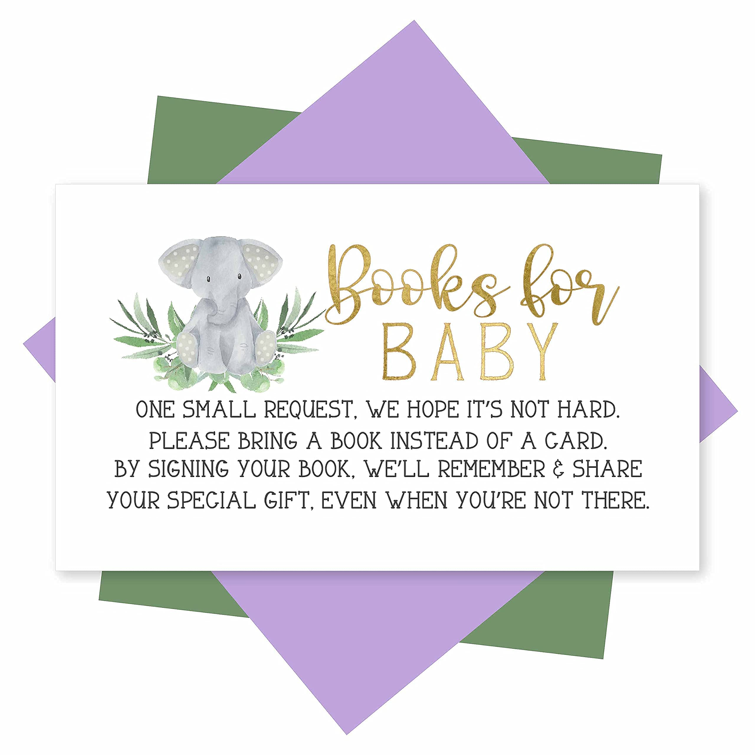 Hadley Designs 25 Elephant Greenery Invitations, 25 Books Request Cards, Sprinkle Invite, Bring A Book Instead Of A Card, Guest Book Alternative, Invitation Inserts for Baby Shower