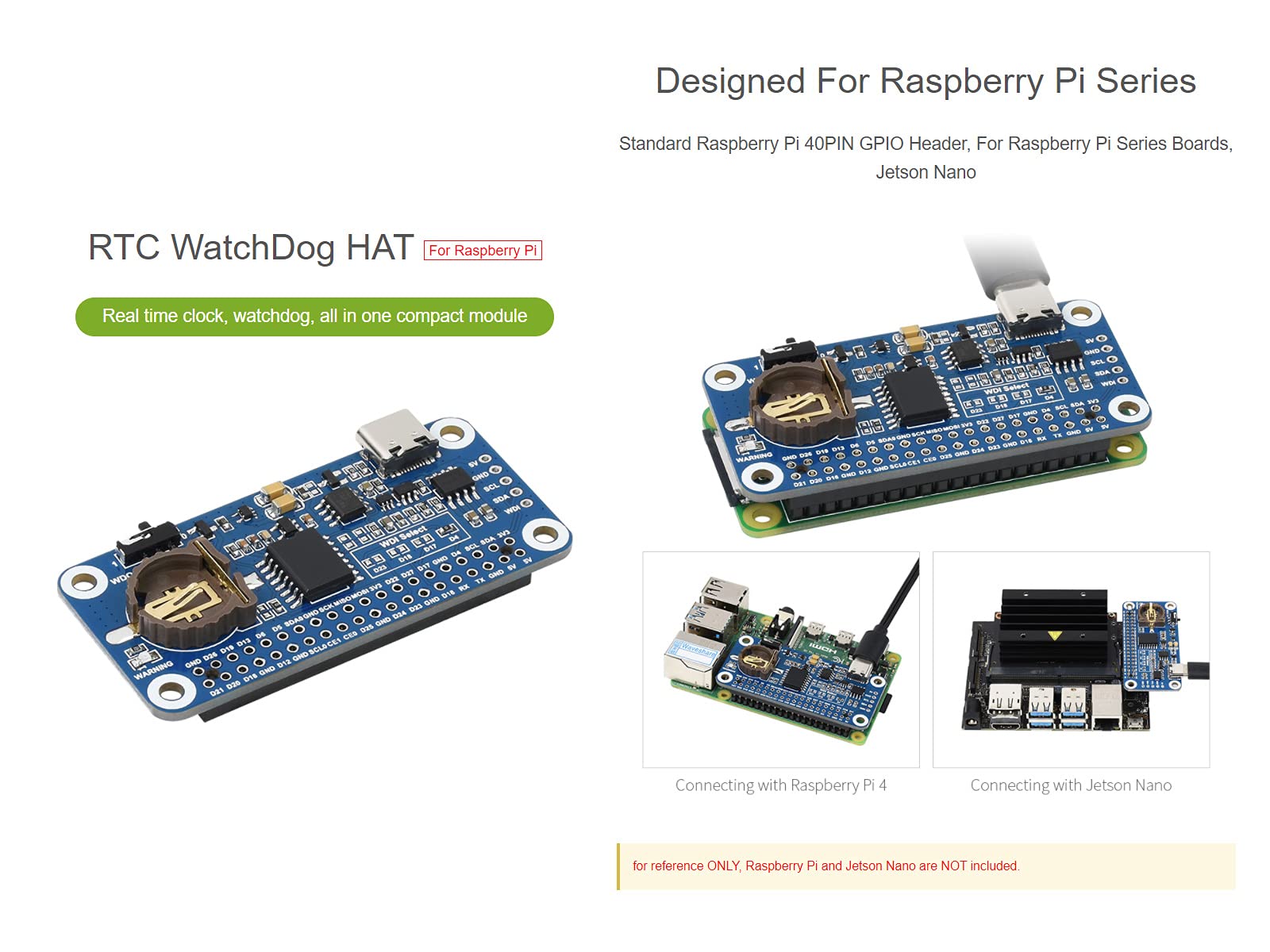 Waveshare RTC WatchDog HAT for Raspberry Pi Auto Reset High Precision RTC Real time clock Compatible with Jetson Nano