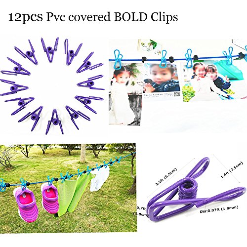 Adjustable Elastic Clothesline with Clips and Positioning Balls Portable Retractable Windproof Laundry Hanging Rope for Travel Camping Indoor Use Anti-Skid Washing Line with Drawstring Bag Purple