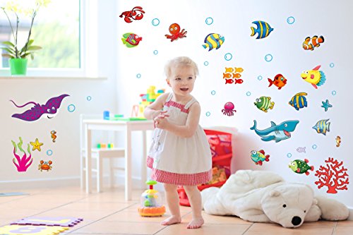 122 Pcs Under The Sea Fish Wall Decals for Kids and Toddlers' Bathroom and Nursery, Easy Peel and Stick Stickers with Turtles, Dophins, Corals, and More, Removable Ocean Themed Décor