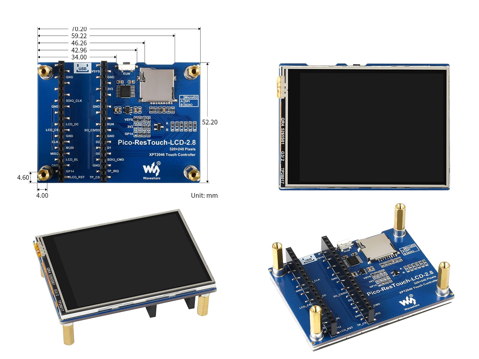 waveshare for Raspberry Pi Pico LCD 2.8inch Touch Display Module 320×240 Resolution 262K Colors Display IPS Screen,Resistive Touch Controller XPT2046, ST7789 Driver, Using SPI Bus