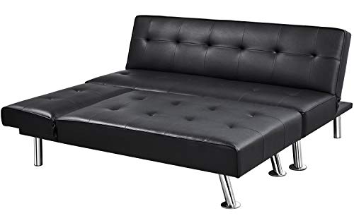 Topeakmart Sectional Sofa Couch Bed Convertible L-Shaped Faux Leather Couch Foldable Futon Sofa Sleeper with Reversible Chaise Lounge for Living Room Black