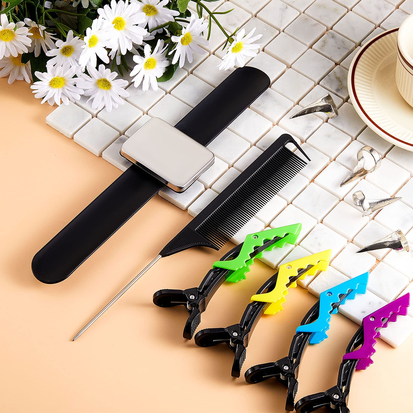 8 Pieces Hair Sectioning and Braiding Set - 6 Styling Clips, 2 Rat Tail Combs, Ring, and Magnetic Wristband Holder (Black)