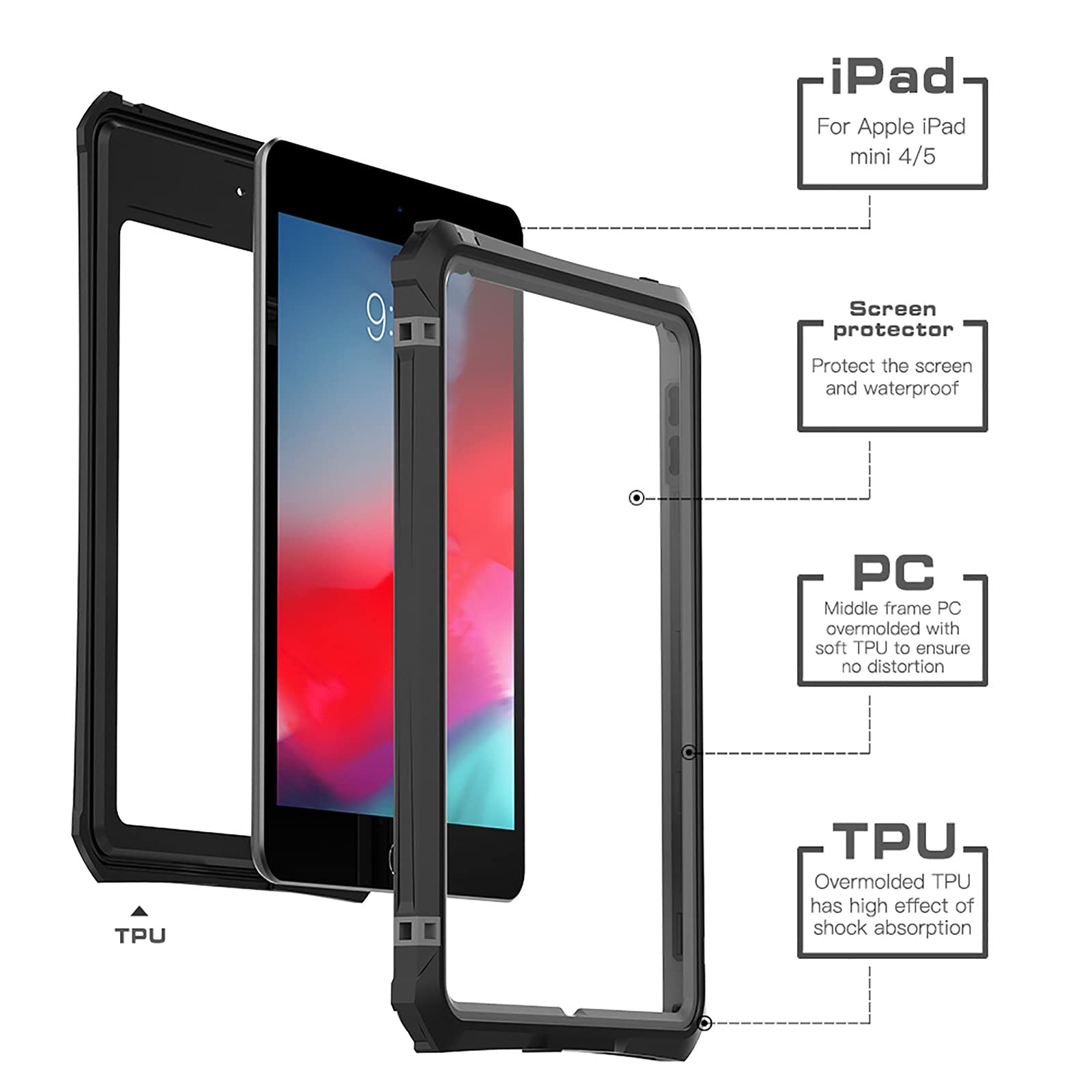 ShellBox Case for iPad Mini 5/4 7.9 Inches,Full-Body Protective Bumper Case,with Pencil Holder,Rugged Folding Kickstand,Lanyard,IP68 Waterproof Dustproof Heavy Duty Shockproof Case for iPad (Black)
