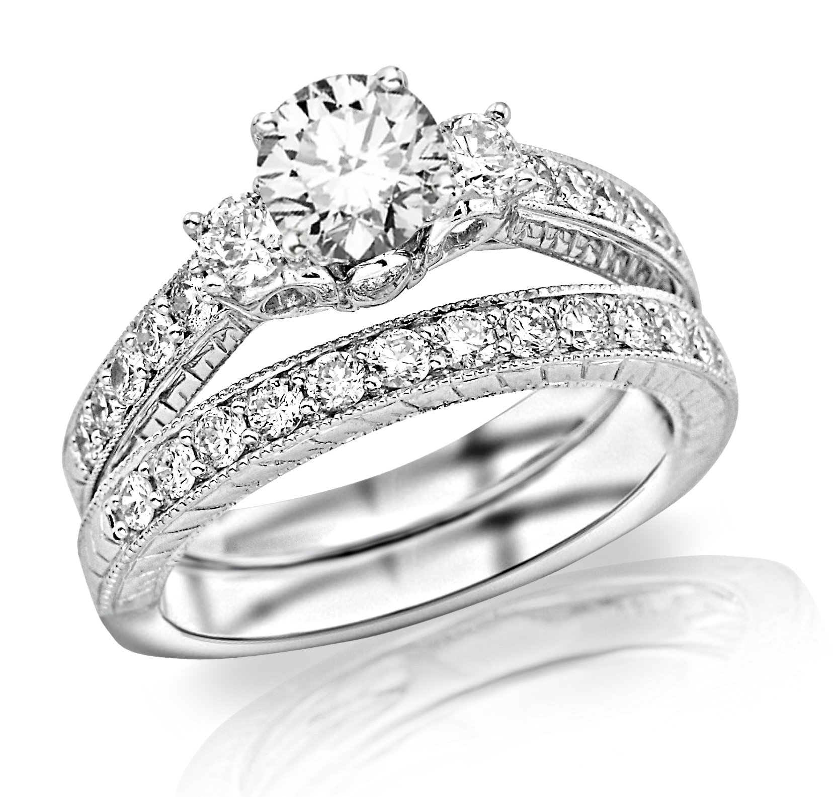 1.5 Carat Round Cut Three Stone Vintage With Milgrain & Filigree Bridal Set with Wedding Band & Diamond Engagement Ring (F Color, VS2 Clarity)