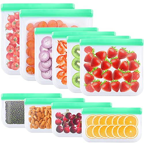 10 Pack Reusable Storage Bags, Reusable Sandwich Bags, Reusable Snack Bags, Leakproof Silicone Freezer Bags, Free Plastic BPA Free Lunch Bag for Meat Fruit Veggies (10 Pack-2 Gallon 4 Sandwich 4 Snack)