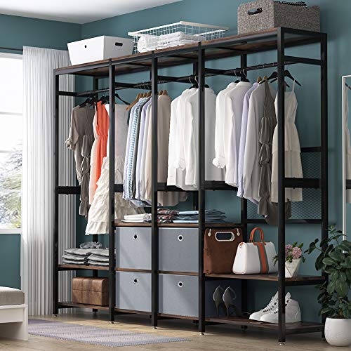 Tribesigns Freestanding Closet Organizer, Heavy Duty Clothes Closet, Extra Large Metal Garment Rack with Shelves and Hanging Rod, Vintage Walnut Board Finish & Black Metal Frame