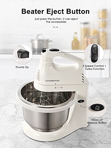 2 in 1 Hand Mixers Kitchen Electric Stand mixer with bowl 3 Quart, electric mixer handheld for Everyday Use, Dough Hooks & Mixer Beaters for Frosting, Meringues & More (White-S)