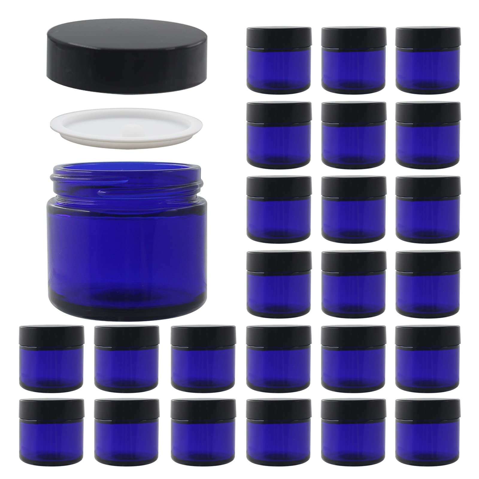 BPFY 24 Pack 2 oz Round Blue Glass Cosmetic Jars with Inner Liners and Black Lids, Travel Jars, Refillable Containers for Makeup, Cream, Lotion, Sugar Scrubs, Eye Shadow, Slime, Paint, Jewelry