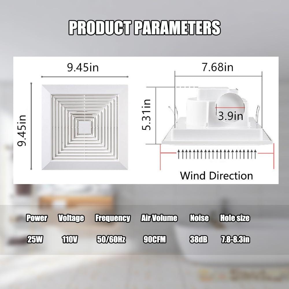 RLOZUI 8 inch Bathroom Exhaust Fan, 25W 90 CFM Bathroom Ventilation Fan Shower Ceiling Ventilation White Square Extractor Fan For Bathroom Kitchen Restroom Home Office