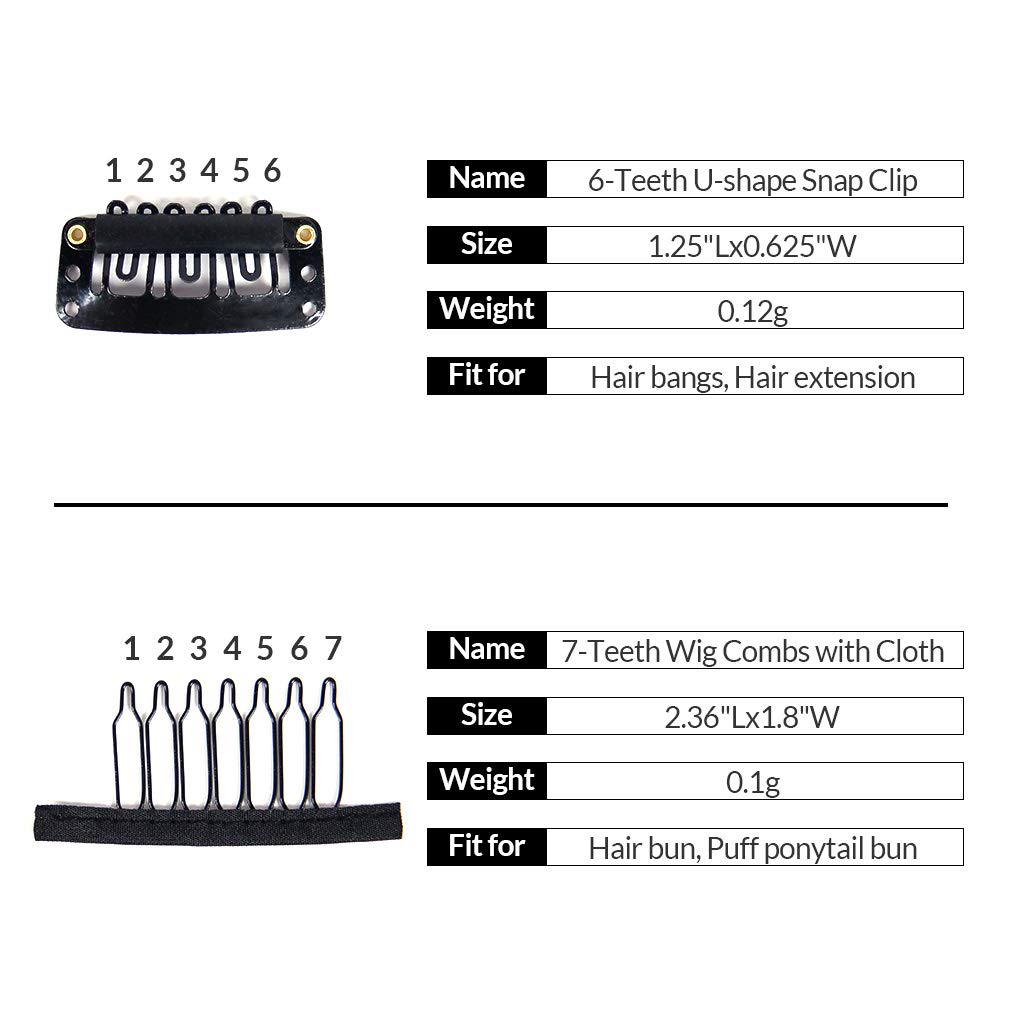 70 Pcs Wig Accessories Set 60Pcs Hair Extensions Wig Clips 7-Teeth Wig Combs with Cloth 6-Teeth U-Shape Metal Snap Clips 5 Curved Needles 5 T-Pins