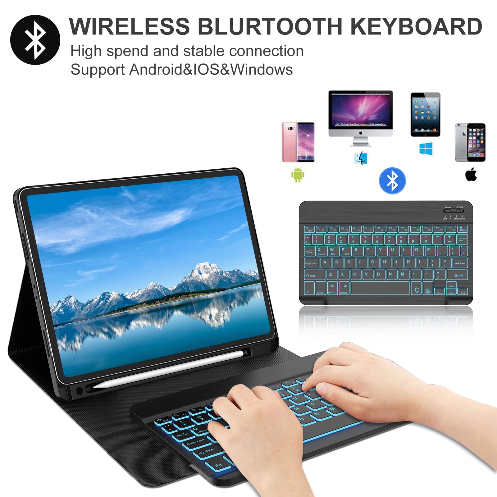 KVAGO Keyboard Case for iPad Air (5th, 4th gen - 2022, 2020), iPad Air 5th Generation Case with Keyboard, 7 Colors Backlit, Detachable, Wireless Keyboard, Slim Folio Cover 10.9“ with Pencil Holder