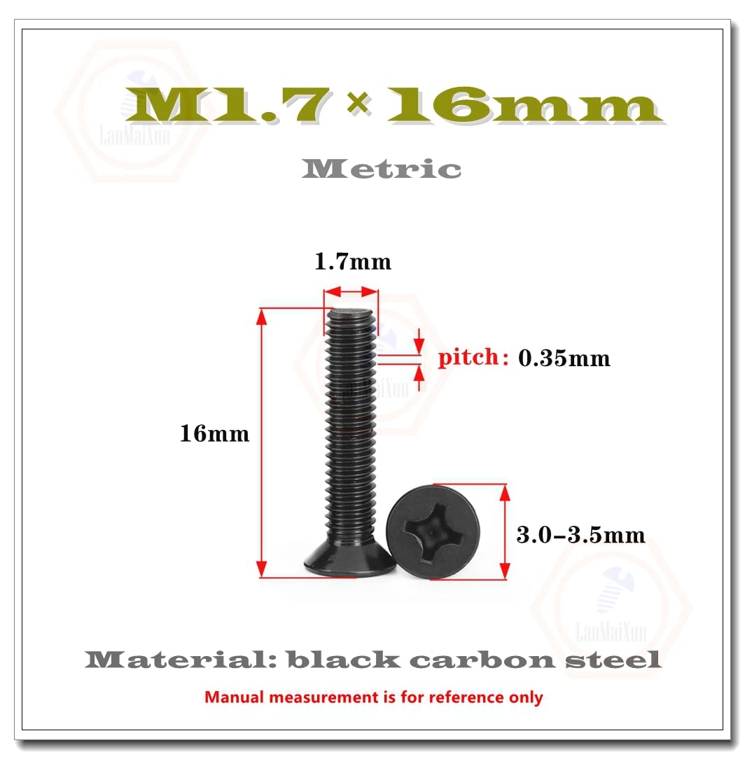 100pcs M1.7-0.35×16mm Laptop Notebook Computer Carbon Steel Screws Kit Set, Flat Head Phillips Cross Screw Assortments, Countersunk ssd Screws for SSD Toshiba DELL Sony Samsung