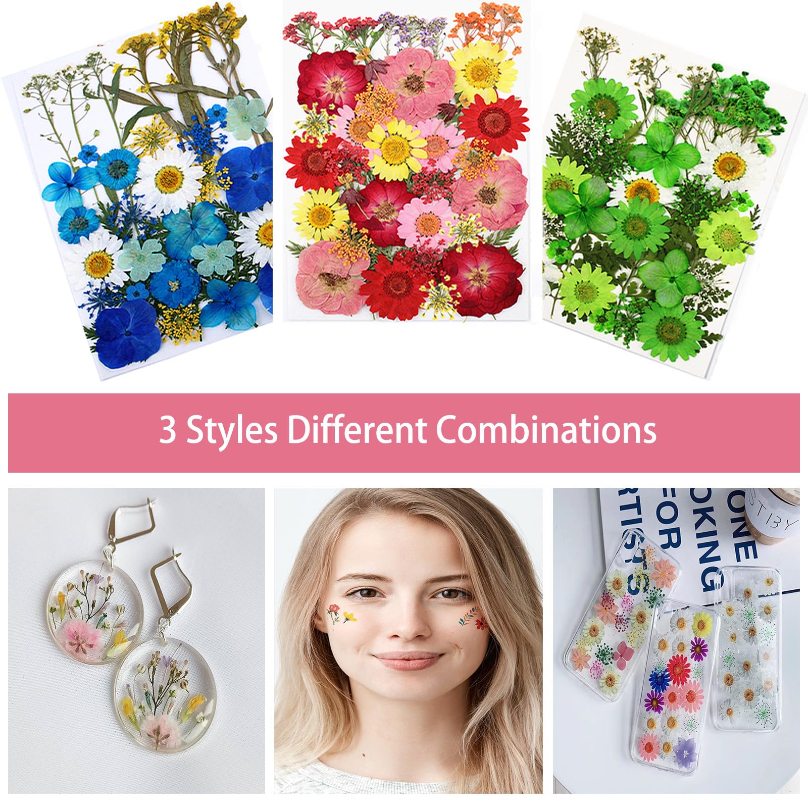 103Pcs Dried Pressed Flowers – 3 Pack Natural Dried Flower Herbs Kit for Scrapbooking, Resin Jewelry, Card Making, Soap and Candle Making