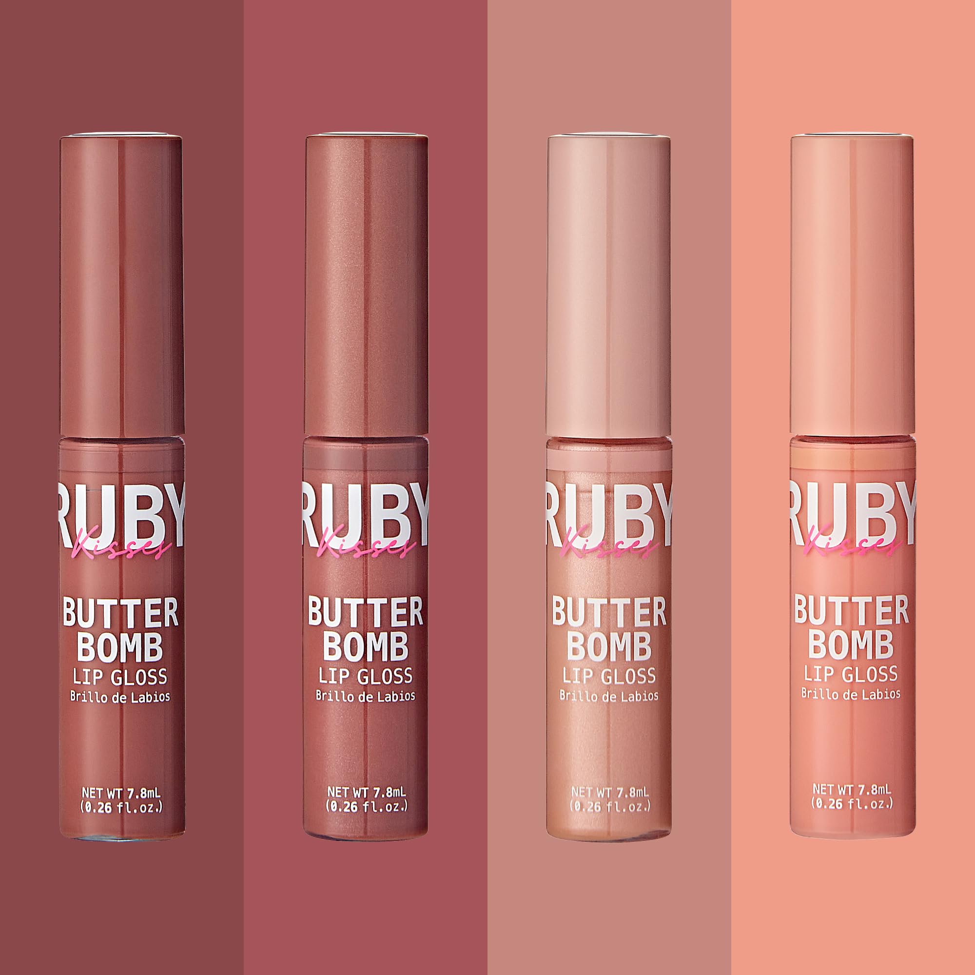 Ruby Kisses Lip Gloss Butter Bomb Gloss Non-Sticky Lip Gloss Vitamin E Natural Nude Lip Makeup- 7.8mL (0.26 US fl.oz) (Blind Date, Beau, Gloss, Babydoll)