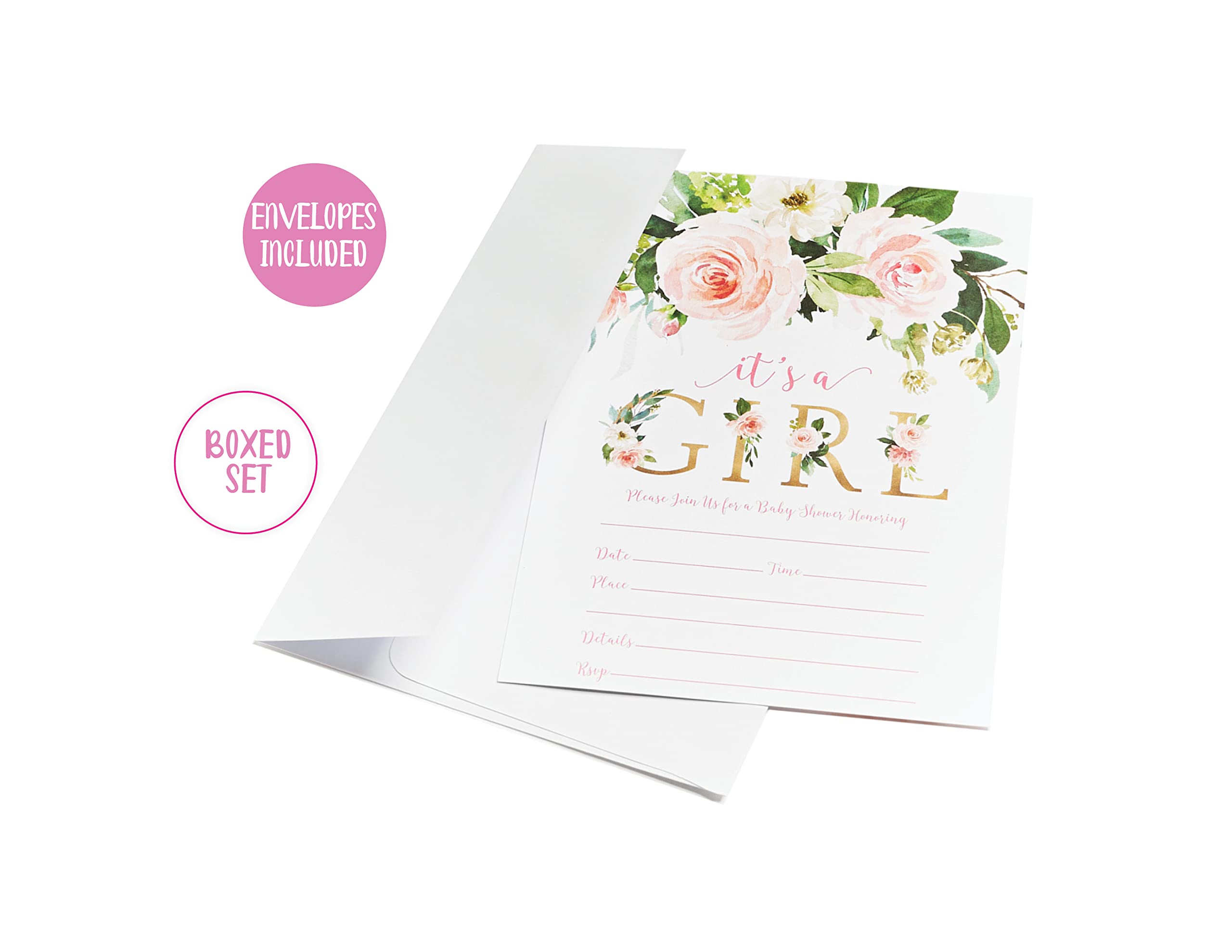 All Ewired Up 25 Pink It's A Girl Baby Shower Invitations with Envelopes (Large Size 5x7) Boxed Set, Double-Sided, Boho Floral Greenery, Sprinkle, Blush Boho