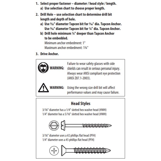 Tapcon 1/4" x 2-1/4" Star Torx Head Concrete Anchor Screws 3187407V2 | 100 Pack | Drill Bit Included