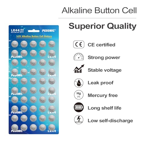 PGSONIC 50 Pack LR44 Batteries, 1.5 Volt Alkaline Button Cell Batteries with Long Lasting Power