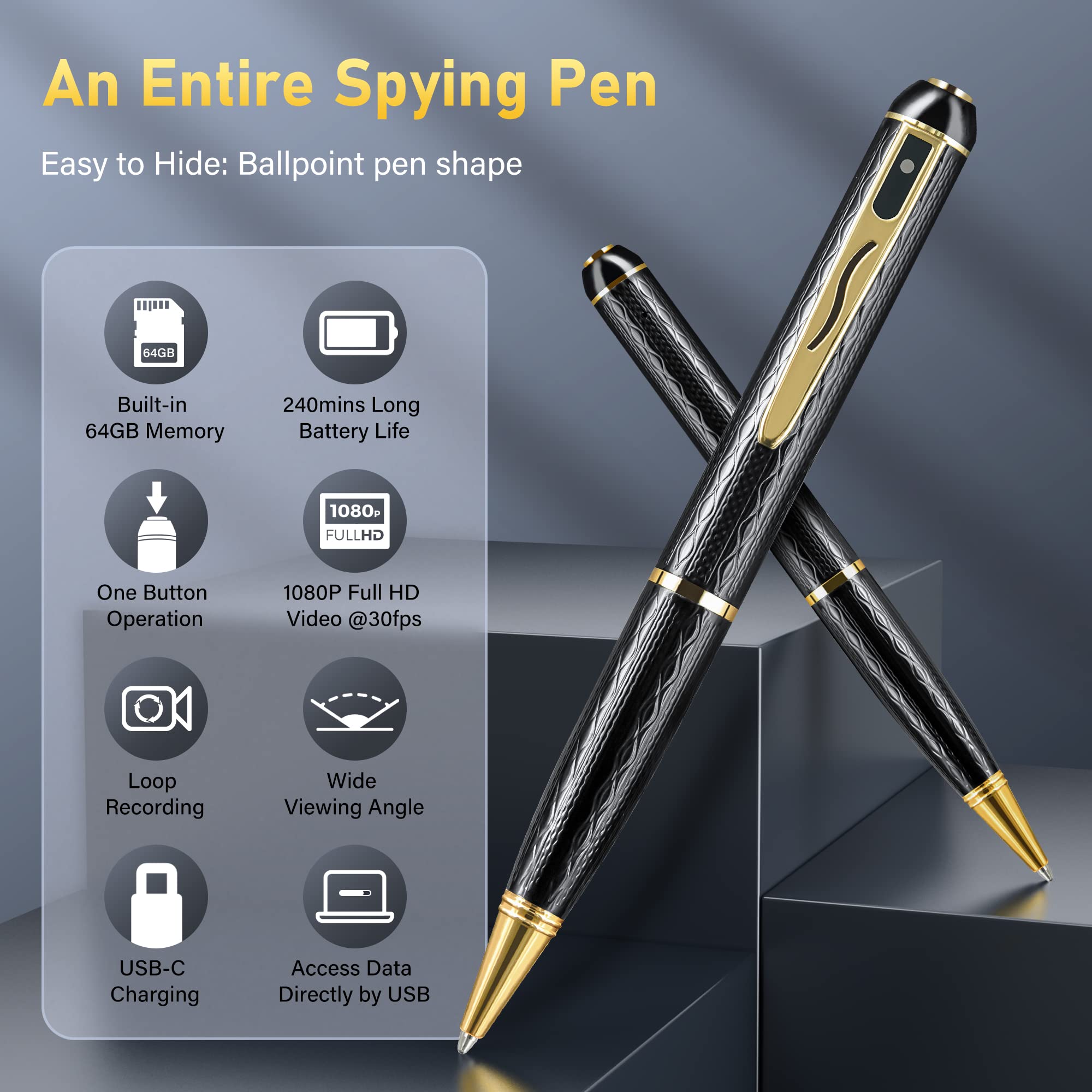 1080P Hidden Camera Pen, Mini Camera Built-in 64GB Memory, 240mins Long Battery Life, Loop-Working Nanny Cam, Portable Security Camera for Business, Conference, Learning.