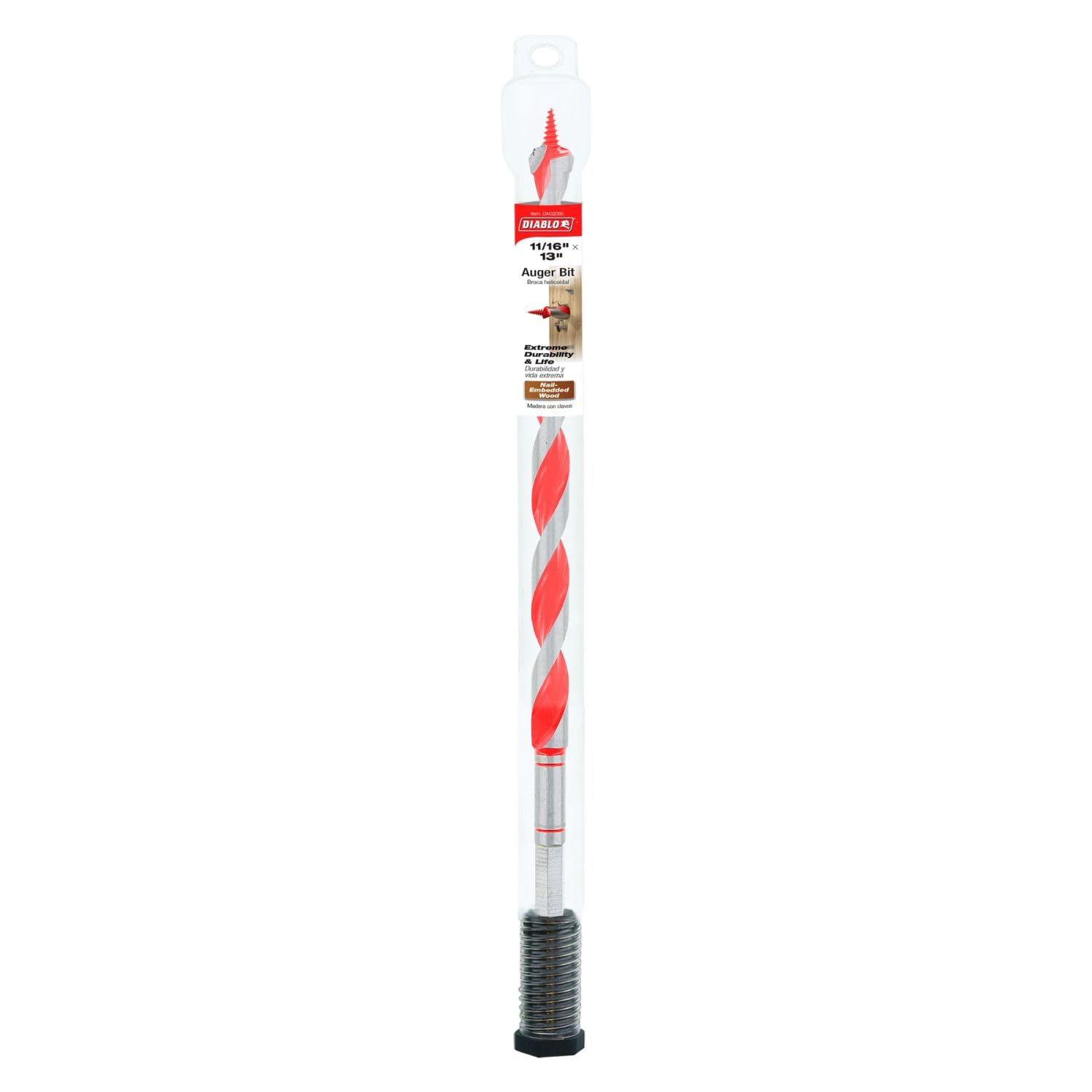 Diablo Auger Bit for Wood & Nail-Embedded Wood - 11/16" Diameter, 13" Length, 7/16" Hex Shank, 9" Working Length - DAG2060