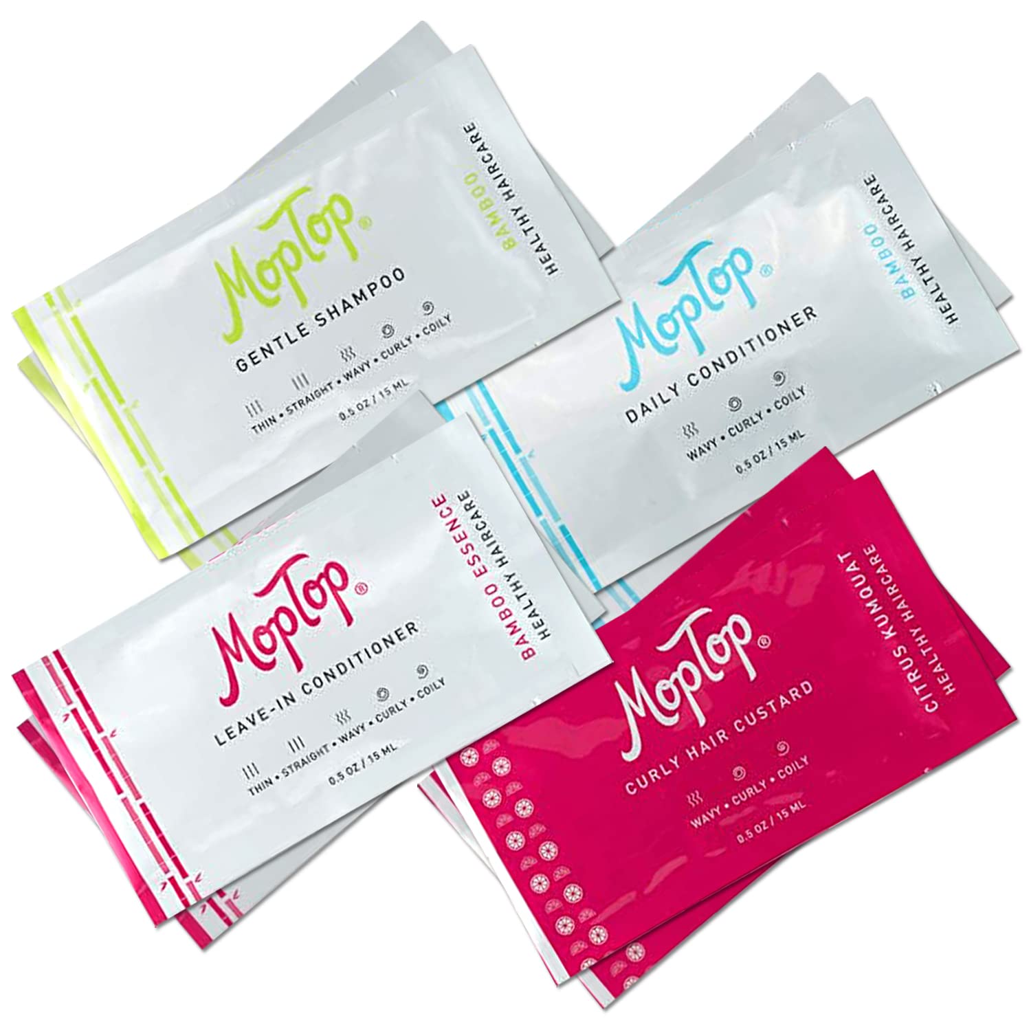 MopTop Trial Travel Sample Size Bundle, 2 each Bamboo Gentle Shampoo, Bamboo Daily Conditioner, Bamboo Essence Leave In Conditioner and Citrus Kumquat Curly Hair Custard Styler, 0.5oz sample packets