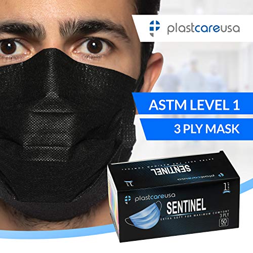 100 ASTM Level 1 Earloop Black 3-Ply Face Masks (2 Boxes of 50) by PlastCare USA