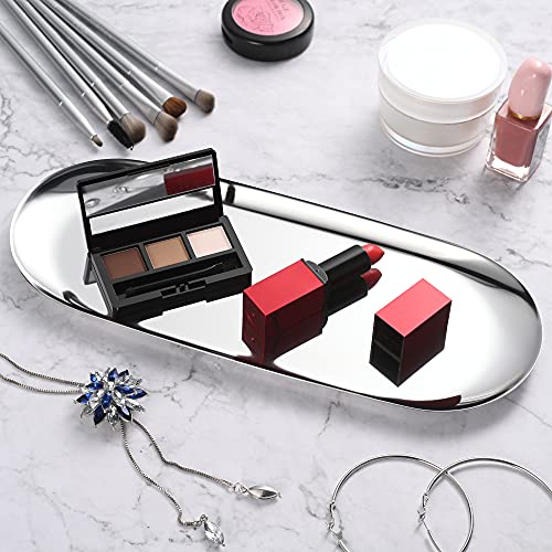 2 Pack Silver Oval Vanity Tray, Stainless Steel Jewelry Tray, Bathroom Tray, Makeup Cosmetic Trays,Towel Napkin Tray,Storage Organizer,11.8 x 4.8 inches (LxW),Large