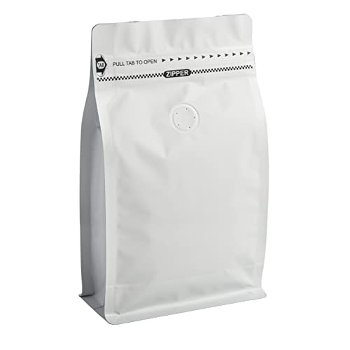 12oz 100pcs High Barrier Wihite Coffee Bags with Aluminum Foil Liner, Resealable Coffee Pouches with Degassing Valve, Ziplock Food Storage Bags with Pull Tape, 12oz/0.75lb/340gram, Pack of 100