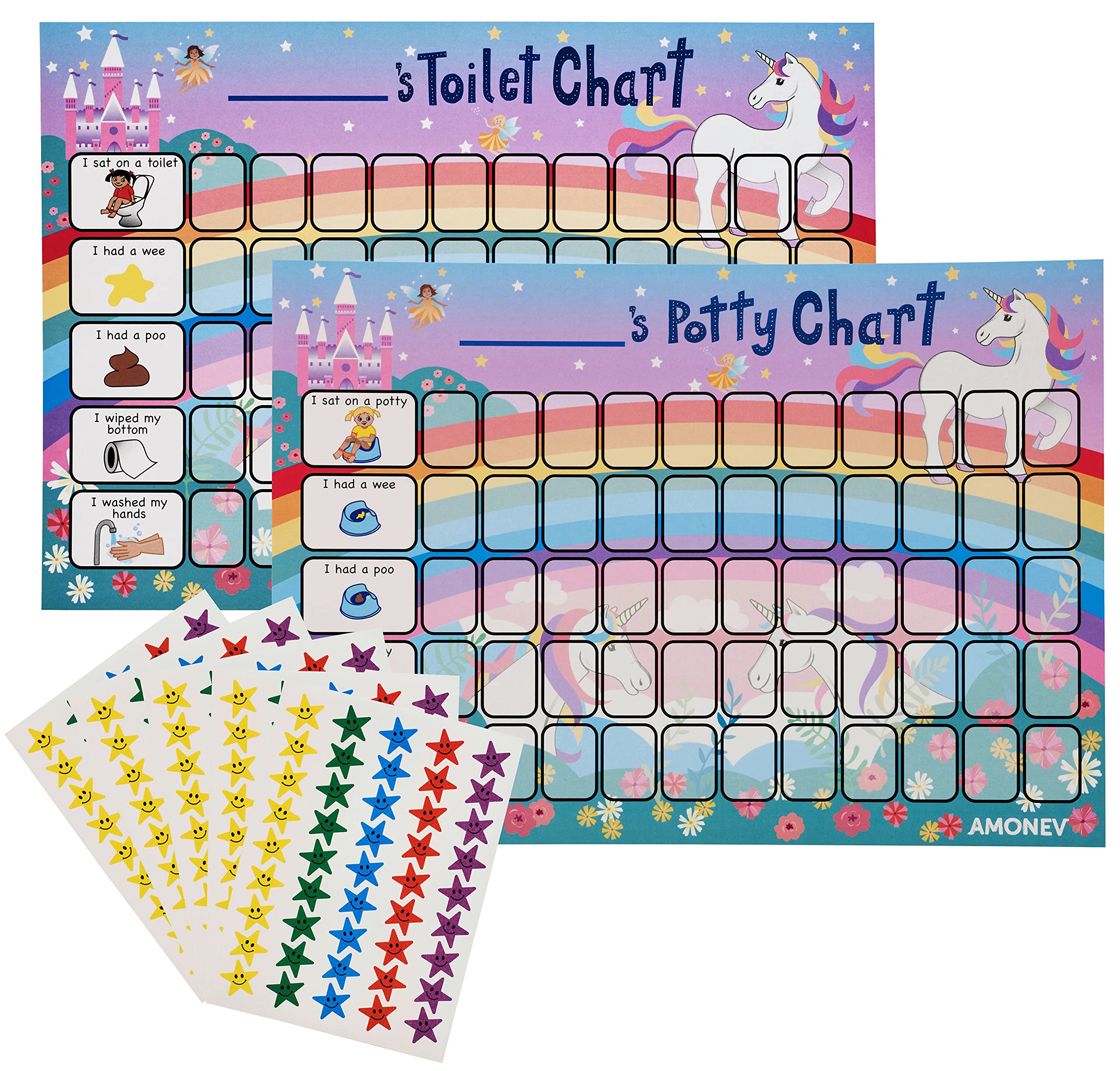 Amonev Unicorn Potty Training Reward Chart and Toilet Training Reward Chart for Boys and Girls Toddlers Twin Pack with 225 Star Stickers Included
