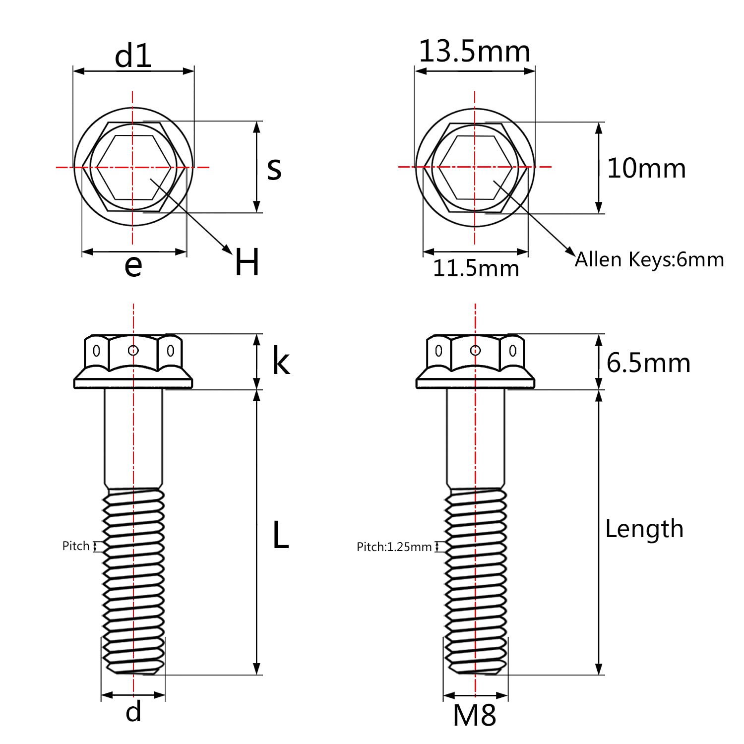 Wanyifa Titanium Flange Hex Head Bolt M8 15 20 25 30 35 40 45 50 55 60mm Screws Pack of 4 (M8x40mm, Silver)