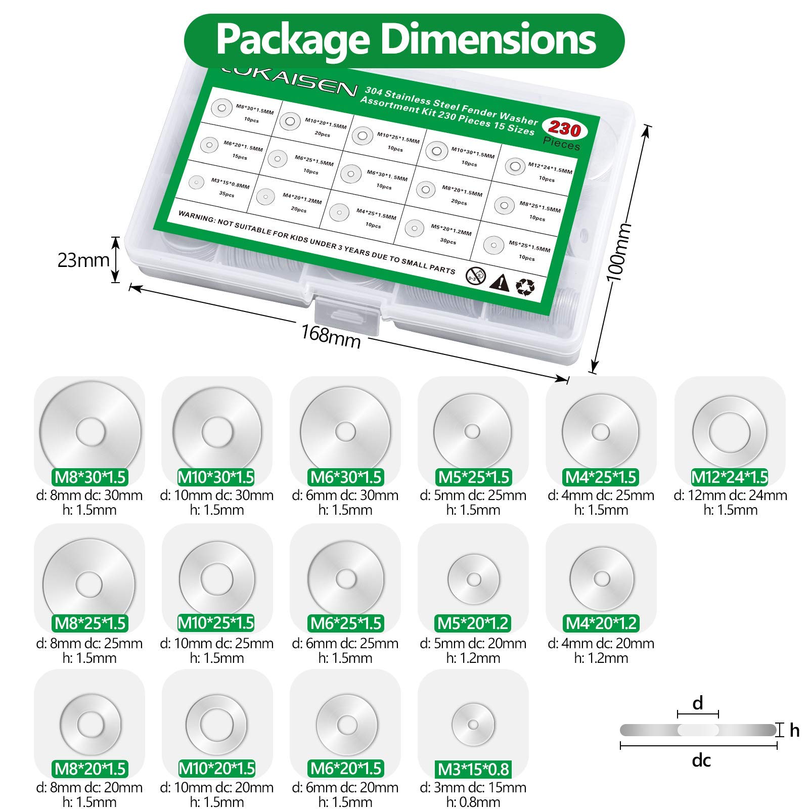304 Stainless Steel Large Fender Washers Assortment Kit, 230 Pieces 15 Sizes β M3 M4 M5 M6 M8 M10 M12 Suitable for Furniture Installation, Ship Car Assembly, DIY Project, Electrical Connections