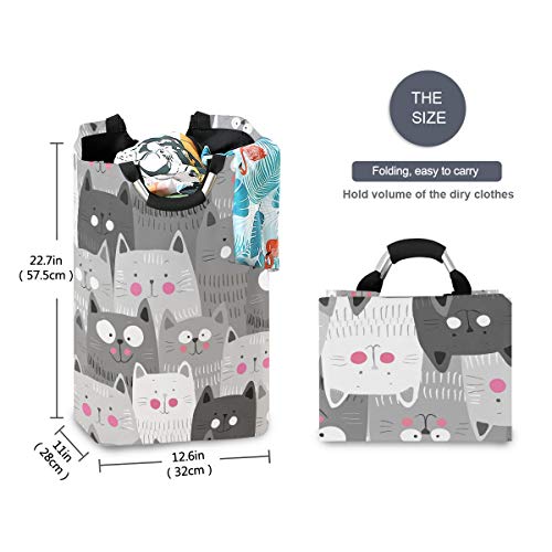 Cute Cat Kitten Large Laundry Baskets Washing Hamper Bag Black White Dirty Clothes Storage Bin Toy Book Clothing Holder with Handles for Home Bathroom Bedroom 50L