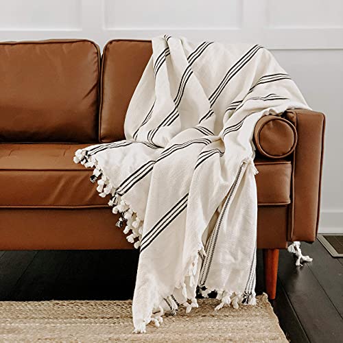 Sweet Water Decor Turkish Cotton Throw Blankets | Large Size 65 x 85 | Cream with Black Decorative Stripes | Boho, Rustic, Farmhouse | Indoor, Outdoor Cover (Taylor - Three Stripes)
